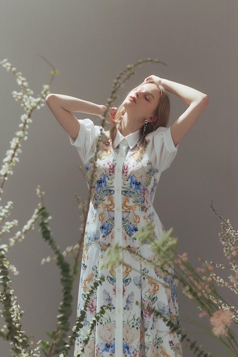 総柄 半袖 ネックワ a4327【LIBERAL】ロングワンピース